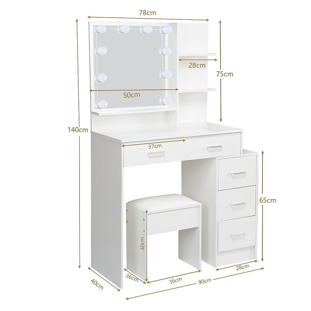 JBLCC Makeup Vanity with Lighted Mirror,Large Vanity Desk with Storage Shelves & 5 Drawers,Cushioned Stool,Makeup Vanity Table with Lights for Bedroom (3080)