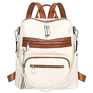 ALTOSY Genuine Leather Backpack Purse for Women Large Shoulder Bag With Laptop Compartment Multiple Pockets (S106 Beige/Brown)