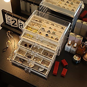 Cq acrylic Jewelry Organizer with 5 Drawers Clear Acrylic Jewelry Box Gift for Women Mens kids and Little Girl Stackable Velvet Earring Display Holder for Earrings Ring Bracelet Necklace Holder,Beige