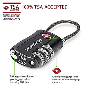 GIVERARE 2 PCS TSA Approved Luggage Locks, Combination Travel Cable Lock, Re-settable 3-Digit Padlocks with Alloy Body, Keyless Travel Sentry Accepted Padlock for Gym Locker, Golf Bag Case-Black