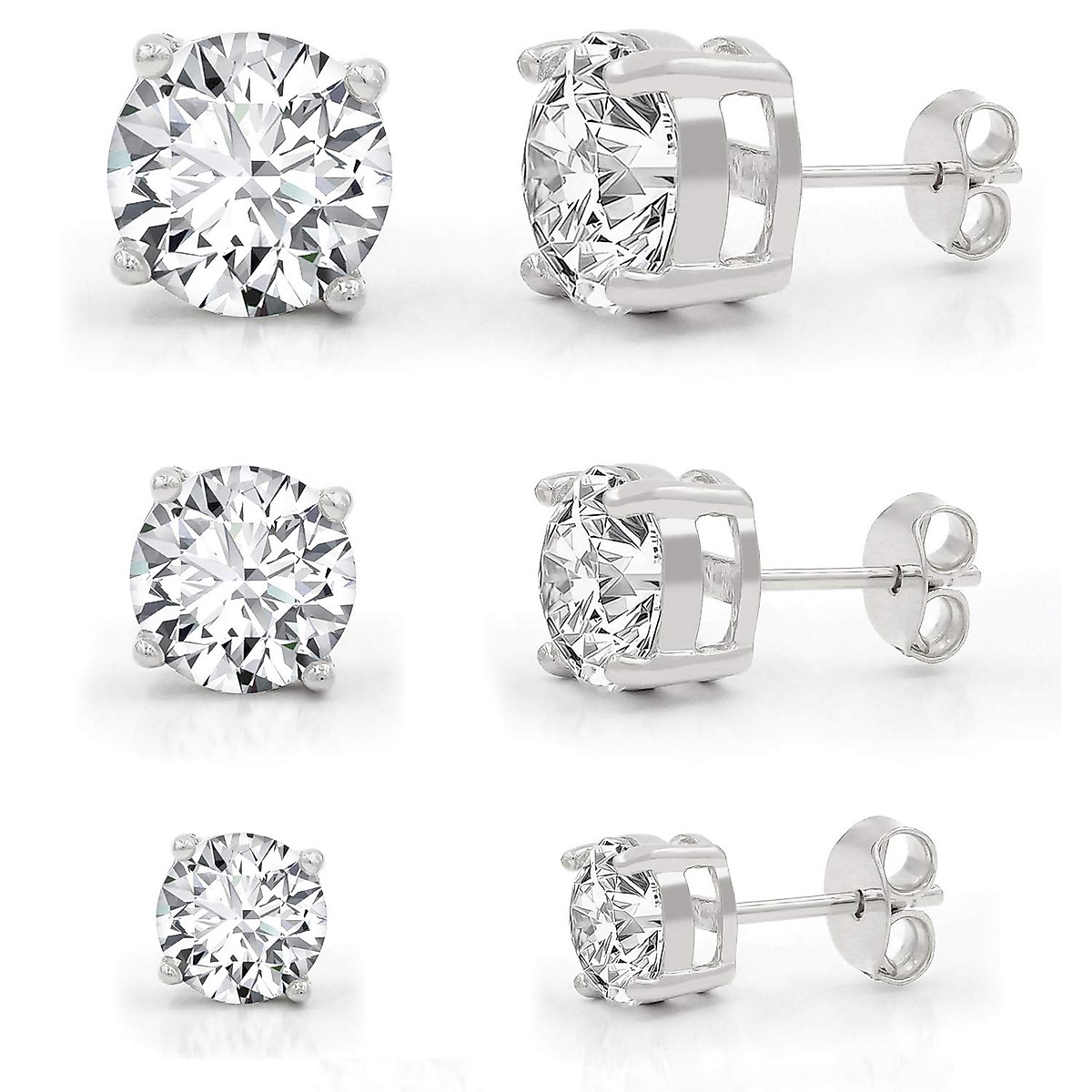 925 Sterling Silver Uninsex 3mm - 10mm Round Clear Cubic Zirconia CZ Rhodium Stud Earrings, Giorgio Bergamo (6,8,10mm)