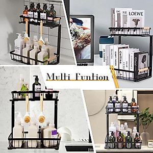 Under Sink Organizer and Storage, 2 Pack Adjustable Height Pull Out Cabinet Organizer Slide Out Sink Shelf Cabinet Storage Drawer with 8 Hooks, Under Sink Organizer for Kitchen Bathroom Cabinet