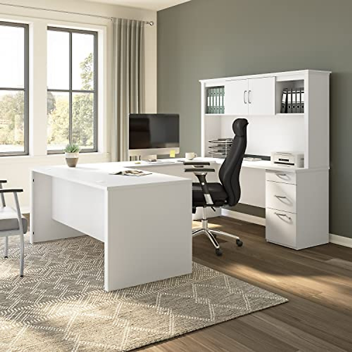 Bestar Logan U Shaped Desk with Hutch in Pure White, 65W