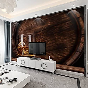 Modern 3D Scotch Whiskey Glass and Old Barrel Wallpaper Stick and Peel Wall Stickers Removable Wall Paper Mural for Living Room Bedroom TV Background Wall