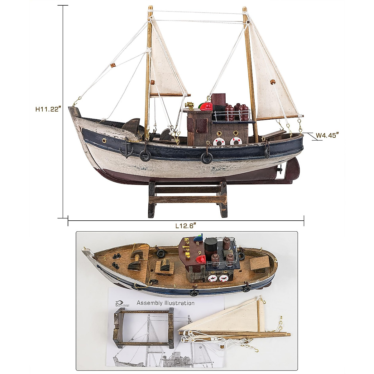 SAILINGSTORY Wooden Fishing Boat Model Sailboat Decor Ship Model Distressed Finish