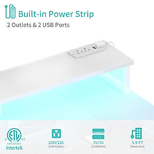 Lufeiya White Desk with Storage Shelves - 47 inch Home Office Gaming Desk with Monitor Stand, Computer Desk with LED Lights and Power Outlets, White