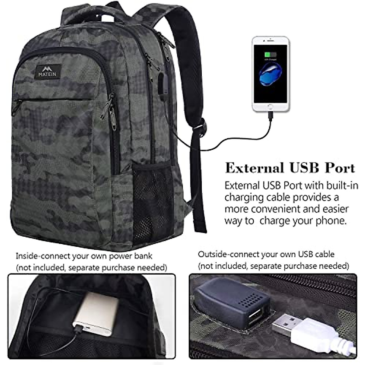 MATEIN Travel Backpack with USB, Sturdy College School Backpack for 15.6 Inch Laptop with Anti Theft Pocket for Women & Men, Slim Lightweight Laptop Bag Computer Bookbag Daypack for Adult Teens Gift