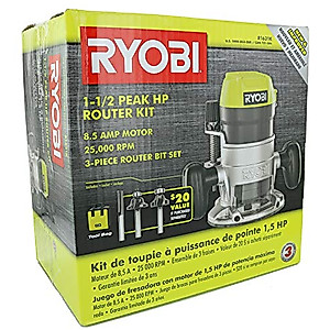 Ryobi R1631K 1-1/2 Peak HP 8.5 Amp LED Lit Corded Router Including 3 Piece Bit Set (w/ Tool Bag)