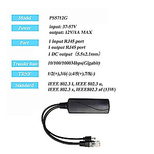 REVOTECH Gigabit PoE Splitter 12V 1A Output, IEEE 802.3af Standard Compliant 10, 100, 1000Mbps Power Over Ethernet Splitter Adapter for Security Camera CCTV Surveillance 5.5x2.1mm DC Plug (PS5712G)