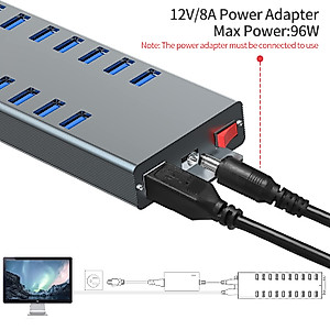 Royata Powered USB Hub Industrial Grade USB 2.0 Hub 20 Port 12V/10 Power Support Charger Data Sync and Charging Station with Separate On/Off Switch and Light for Laptops, PCs,etc.