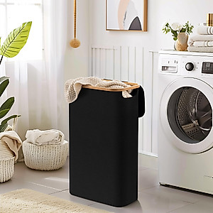 joybest 63L Slim Laundry Hamper with Lid, Black Narrow Laundry Basket with Removable Inner Bag & Bamboo Handles, Skinny Dirty Clothes Hamper for Bathroom, Bedroom & Laundry Room