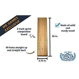 WE Games Competition Cribbage Set - Solid Wood Sprint 2 Track Board with Metal Pegs