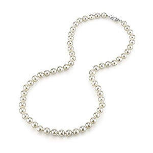 The Pearl Source White Akoya Japanese Pearl Necklace for Women - 14k Gold Pearl Strand Necklace | 18in Long Pearl Necklace with Genuine Cultured Pearls, 6.5-7.0mm