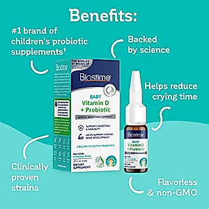 Biostime Baby Vitamin D Drops for Infants, Newborns, Toddlers | Colic Calm Probiotic | Helps Reduce Crying Time | Baby Vitamin D for Strong Bones - 1 Billion CFU Probiotic - 400 IU (10MG) - 32 SVGs
