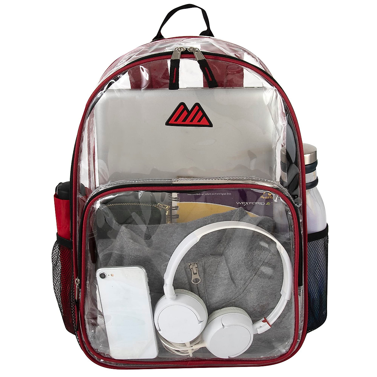 Summit Ridge Waterproof Clear Backpack with Water Bottle Holder Stadium Approved Heavy Duty Clear Backpack Quality See Through Bag (Red)