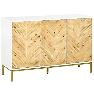 HOMCOM 3 Door Sideboard Buffet Cabinet, Kitchen Cabinet, Coffee Bar Cabinet with Chevron Pattern, Adjustable Shelf and Metal Legs, Natural Wood