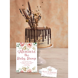Baby Shower Game Set, Measure The Baby Bump(1 Standing Sign + 50 Guessing Cards), Floral How Big is Mommy's Belly Party Game, Blush Pink Baby Shower/Gender Reveal Party Favor Decor(A02)