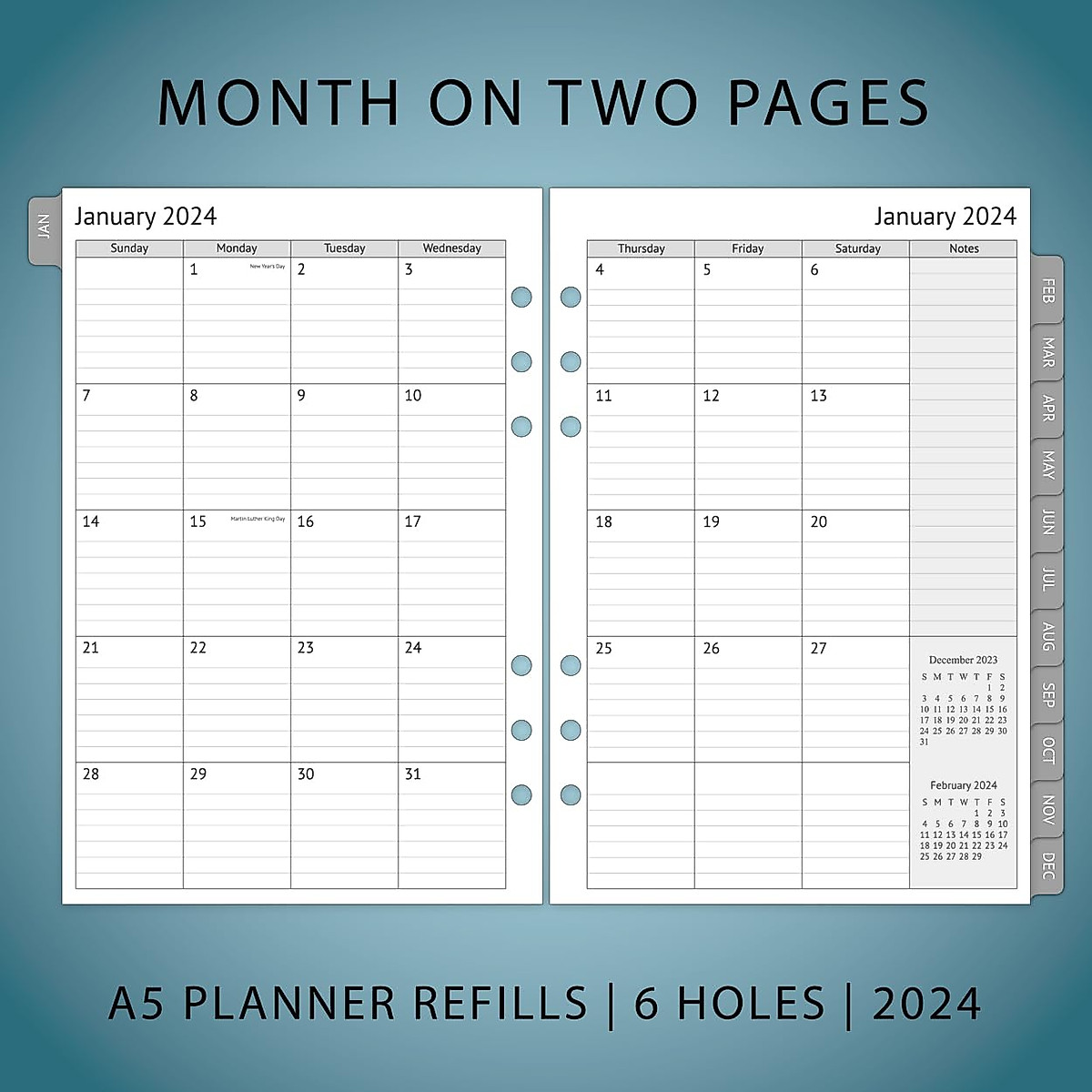 2024 Planner Refills - Weekly and Monthly Appointment Book Inserts, Tabbed, 6 Holes, A5 Size