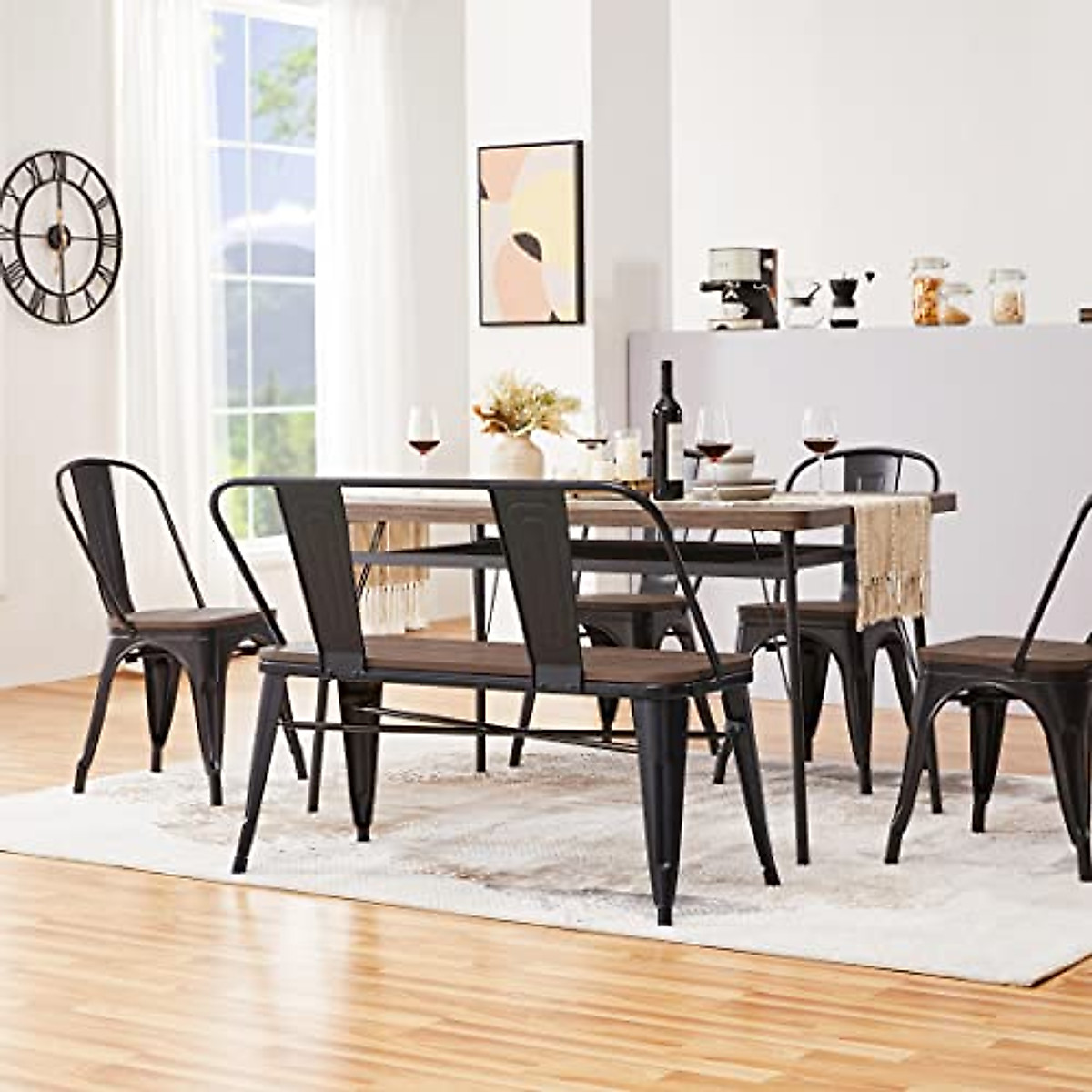 Yaheetech Industrial Metal Bench Mid-Century 3 Person Chair Dining Room Long Farmhouse Bench with Wood Seat,Removable Backrest,Black