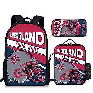 mdbozli New England Custom Football Backpack 3 Piece Set Add Your Name And Nume School Bag with Lunch Box and Pen Case Set Gift for Boys Girls