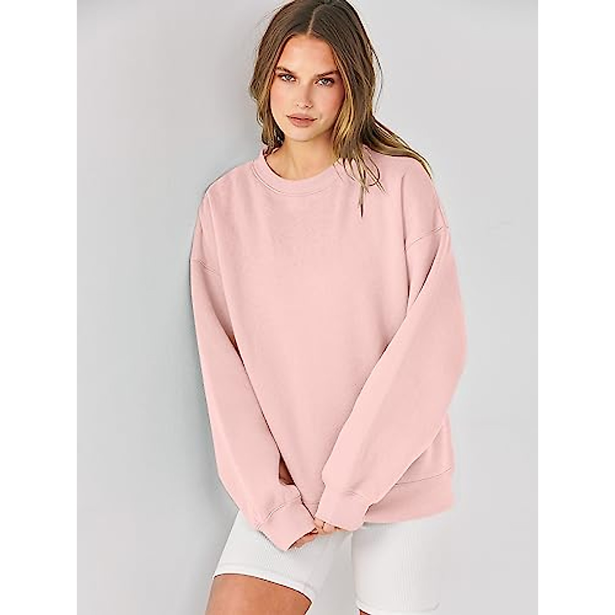 Caracilia Women's Crewneck Sweatshirts Oversized Fleece Hoodies Tops Casual Loose Pullover Sweaters 2024 Fall Clothes Pink Small