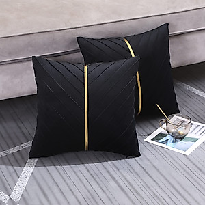 Tosleo Black Velvet Throw Pillow Covers 18 x18 inch Pack of 2 with Gold Leather Decorative Couch Pillow Cover Luxury Modern Pillowcases for Wedding Living Room Bedroom Sofa Cushion Bed