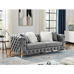 Melpomene Contemporary Velvet Upholstered Sofa Couch with Deep Button Tufting and Custom Gold Chrome Legs,Grey