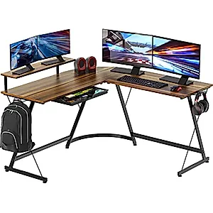 SHW Vista L-Shape Desk with Monitor Stand, Walnut