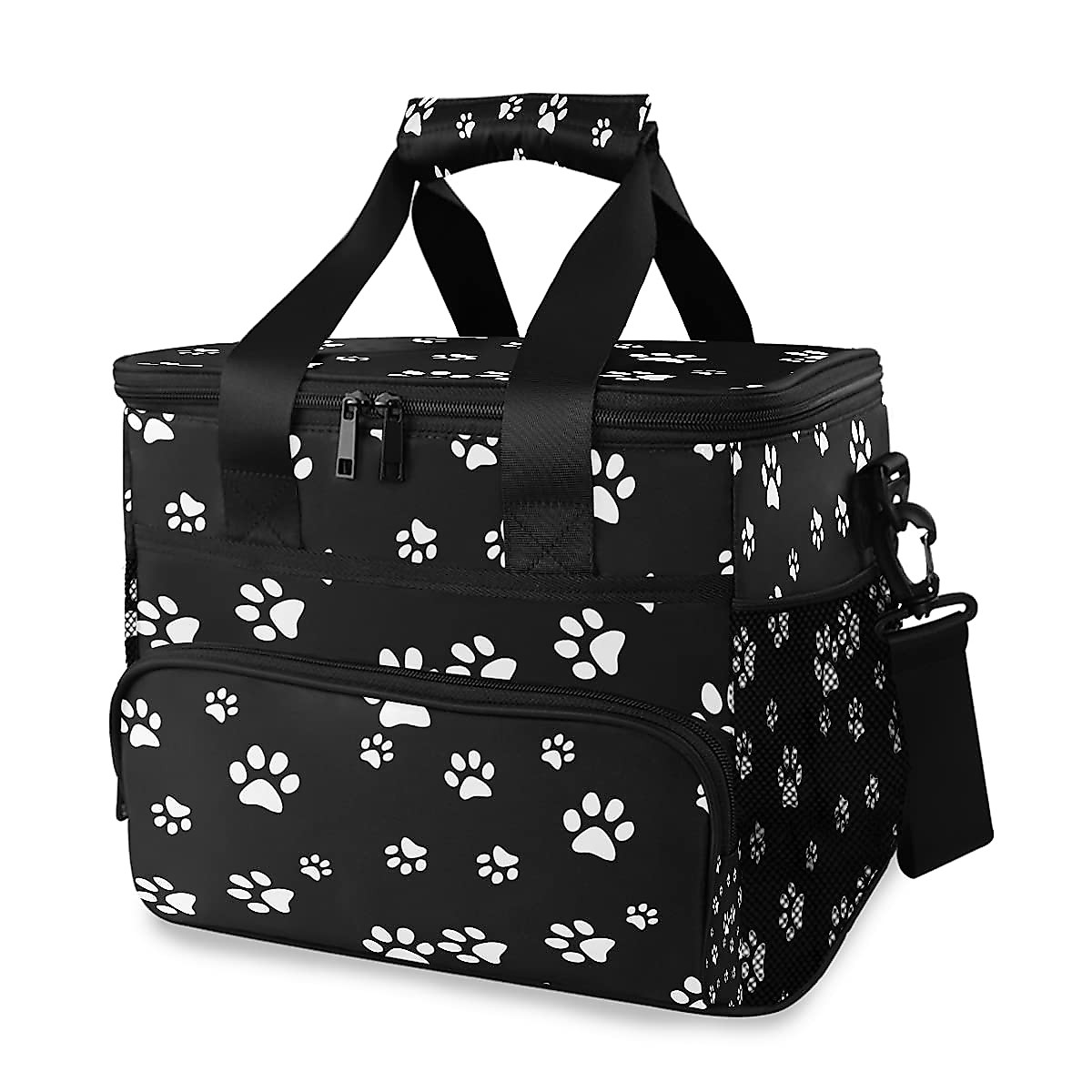 AUUXVA Cooler Bag Large Camping Cooler Tote White Puppy Paw Print Black Lunch Cooler Bag Insulated Waterproof Lunch Box for Picnic Beach Travel, Reusable Leakproof