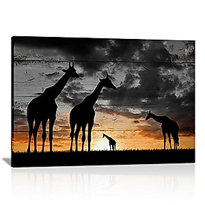 SkenoArt Giraffes Canvas Wall Art Africa Golden Sunset Landscape Poster Animal Family Picture Prints Black and White Poster Wall Decoration for Home Living Room Bedroom Bathroom Decor 16"x24"