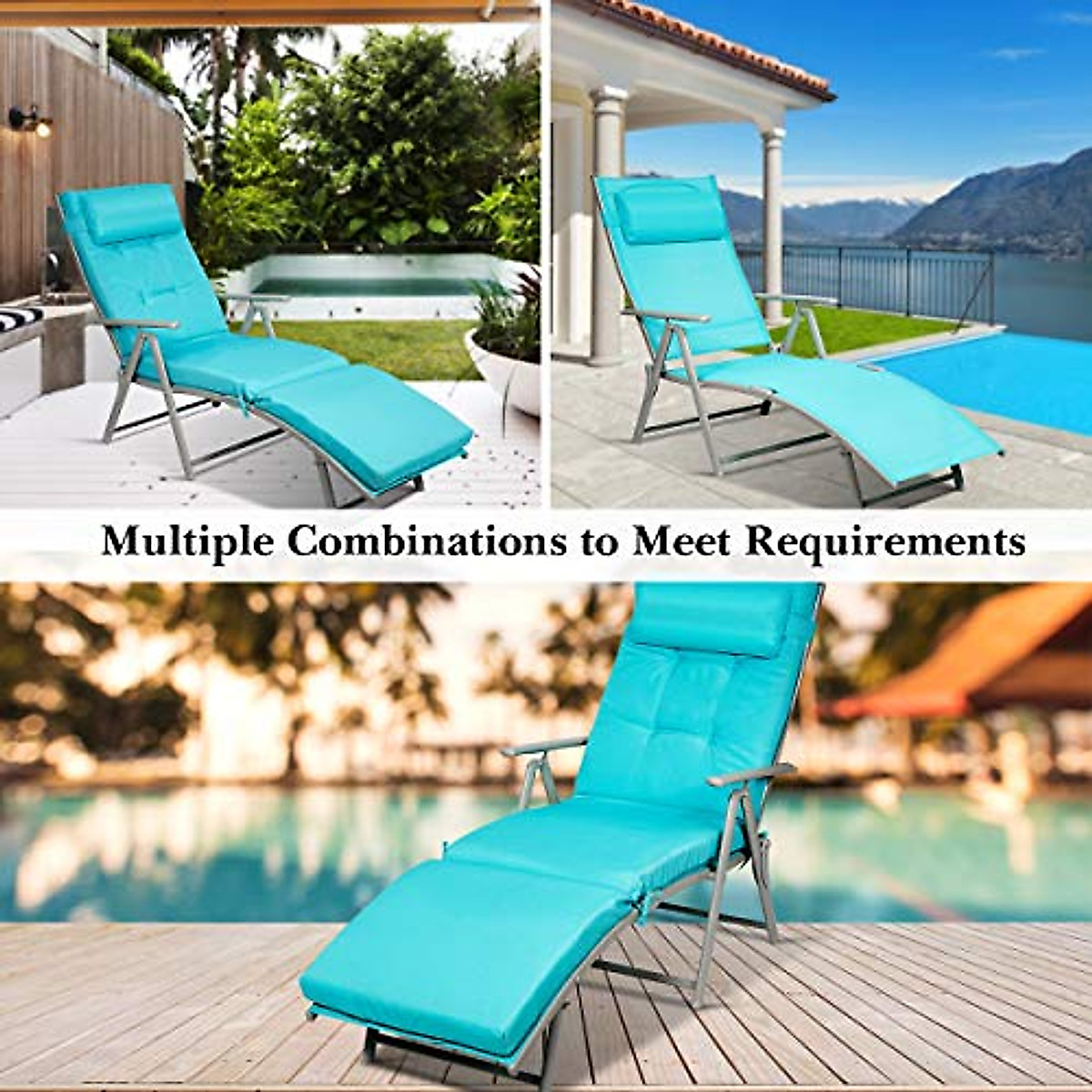 Tangkula 2 PCS Outdoor Folding Chaise Lounge Chair, Lightweight Recliner Chair w/ 7 Adjustable Backrest Positions, Patio Reclining Beach w/Removable Cushion & Pillow for Patio Poolside (Turquoise)
