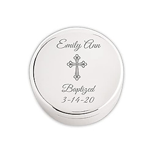 Cherished Moments Personalized Small Round Jewelry Keepsake Box that has Custom Engraved Cross and Message for Baby Baptism, Silver Toned