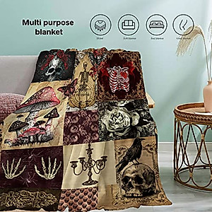 Retro Collage Gothic Blanket Gifts for Girls Boys, Anxiety Rose Skull Butterfly Skeleton Throw Blanket for Adults,Soft Lightweight Flannel Fleece Mushroom Blankets Bedding for Sofa Bed 80x60In