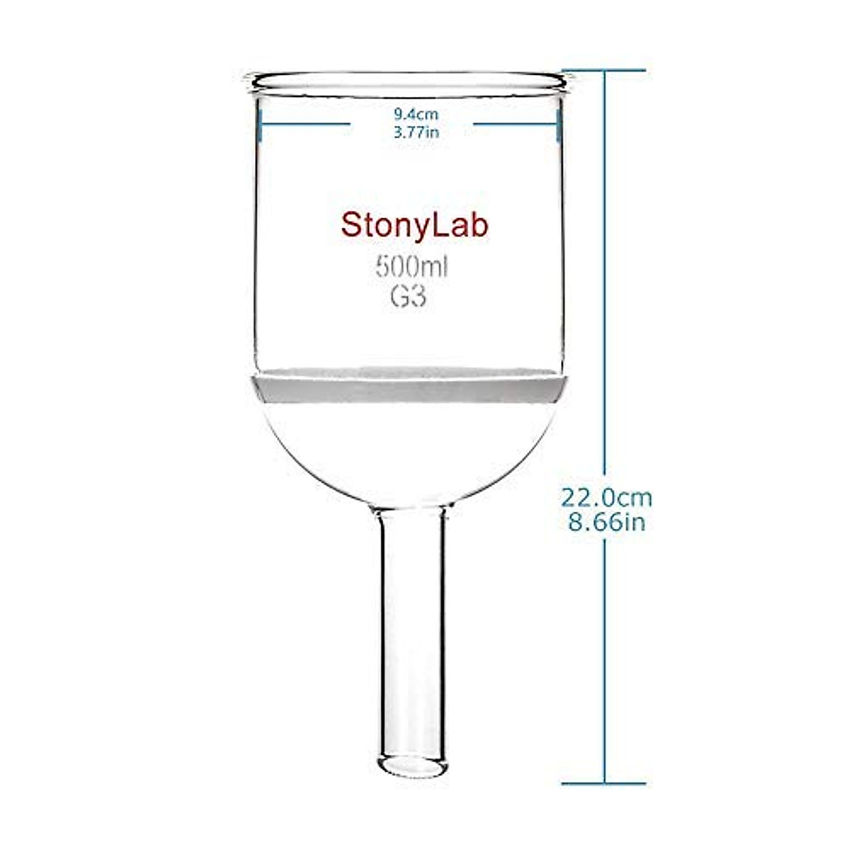StonyLab Borosilicate Glass Buchner Filtering Funnel with Fine Frit (G3), 94mm Inner-Diameter, 100mm Depth (500 ml)