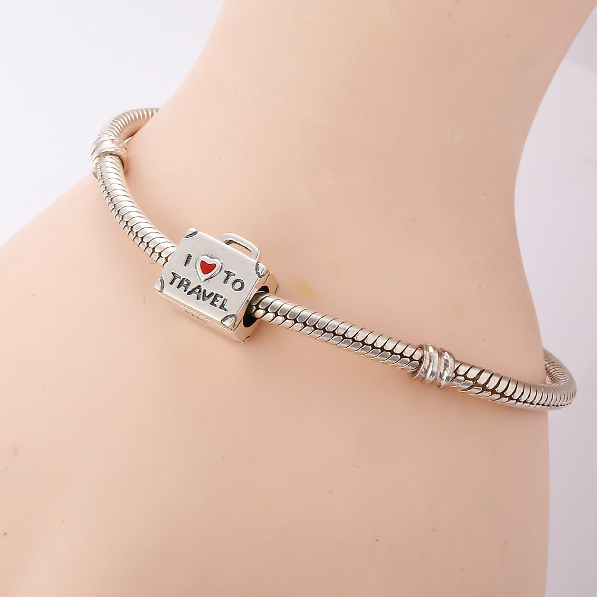 I Love To Travel Charm Solid 925 Sterling Silver Suitcase Charm with Red Enamel Heart for Pandora Bracelet