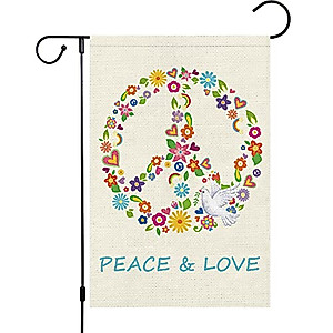 Peace and Love Garden Flag 12x18 Double Sided, Small Burlap Pray Pigeon Floral Garden Yard Flags World Peace on Earth Sign Hope Flag for Seasonal Outside Outdoor Hippie Decor (ONLY FLAG)