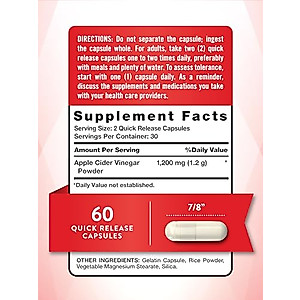 Apple Cider Vinegar Capsules | 1200mg | 60 Pills | Quick Release | Non-GMO & Gluten Free Supplement | by Nature's Truth