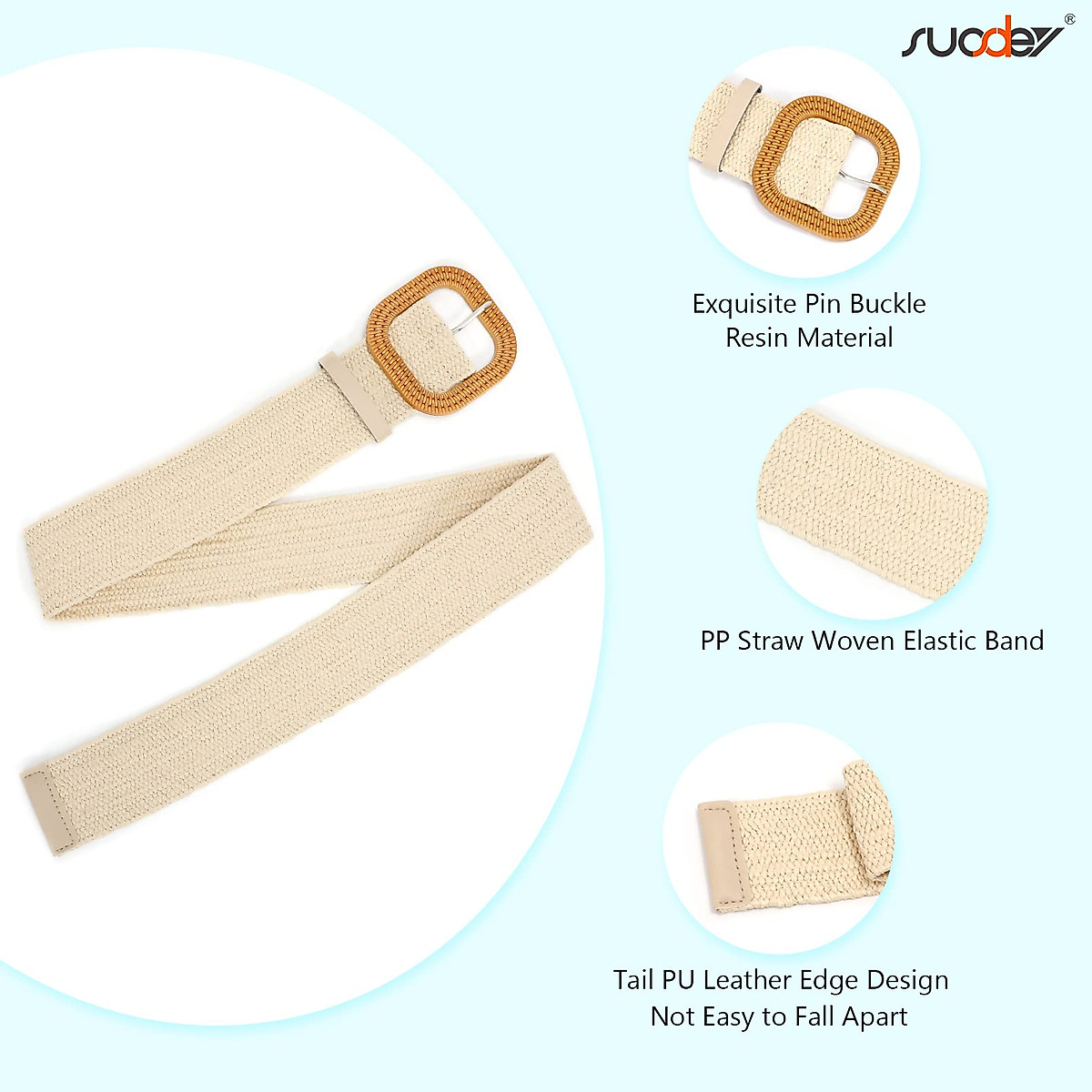 SUOSDEY 2 Pack Straw Woven Elastic Belt Braided Stretch Wide Belt for Women Dress