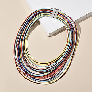 Women Multi Layer Chunky Bib Necklace Magnetic Clasp Wax Line Choker Statement Jewelry