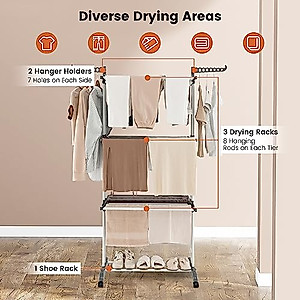 GOFLAME 4-Tier Clothes Drying Rack, Collapsible Clothes Horse Rack with Rotatable Side Wings and Foldable Shelves, Freestanding Garment Dryer Stand with Casters for Indoor and Outdoor Use