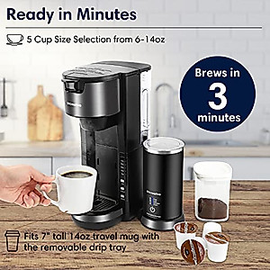 Single Serve Coffee Maker with Milk Frother, 2-In-1 Cappuccino Coffee Machine for K Cup Pod and Ground Coffee, Single Cup Brewer Compact Latte Maker with 30 oz Detachable Reservoir, Black