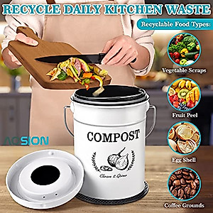 AOSION Compost Bin Kitchen Counter,1.0Gallon Indoor Compost Bin with Lid,Compost Bucket Countertop Composter Container with 3pcs Charcoal Filters,Non-Slip Mat,Drainage Mat,Compost Pail Food Waste Bin