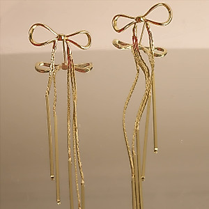 Agriajun Long Gold Bow Tassel Drop Dangle Earrings for Women- Dainty Metal Chain Dangling Shiny Bar Earring Statement Fringe Waterfall Wedding Bridesmaid Prom Jewelry Mother Gifts