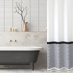 Modern Farmhouse Shower Curtain Set with 12 Hooks Grey Striped Fabric Waffle Shower Curtains Cloth for Bathroom Tassel Fringe Gray Boho Washable Shower Curtain Water Repellent Black Grey 72x78 Inch