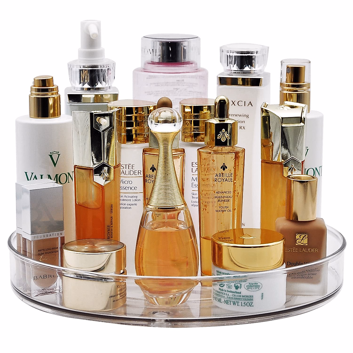 6 Pc Grey Apothecary Jars Bathroom Storage Organizer Bundle with 1 Pack 11 Inches Clear Lazy Susan Rotating Turntable Food Storage Container for Cabinets, Pantry, Fridge, Countertops,Vanity