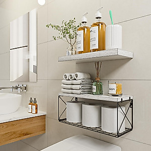 Gigecor Bathroom Shelves with Wire Storage Basket, Floating Shelves for Wall Decor Storage, Wood Wall Shelves for Bathroom, Living Room, Kitchen and Bedroom (White)