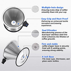 INSINTAR Pour Over Coffee Dripper Reusable Stainless Steel Pour Over Coffee Maker Paperless Coffee Filter Single Cup Coffee Maker 1-4 Cup