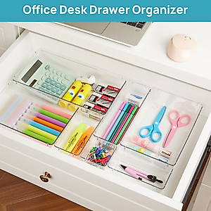 Vtopmart 27 PCS Clear Plastic Drawer Organizers Set, 5-Size Bathroom and Vanity Drawer Organizer Trays, Acrylic Storage Bins for Makeup, Kitchen Utensils, Gadgets, Large Size Office Desk Organizers