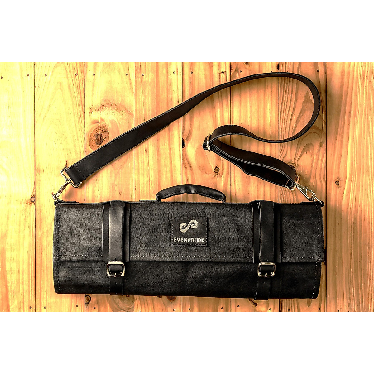 EVERPRIDE Chef Knife Roll Bag Holds 12 Knives and Cooking Tools – Durable, Large Knife Case Made of Canvas and Genuine Leather – Elegant Chef Bag for Professional Cooks – Knives Not Included