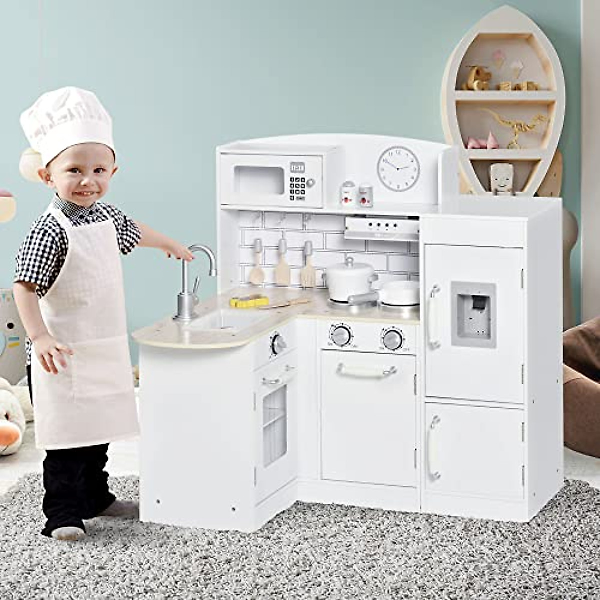 Qaba Kids Play Kitchen Set Pretend Wooden Cooking Toy Set with Drinking Fountain, Microwave, Fridge and Accessories for Age 3 Years, White